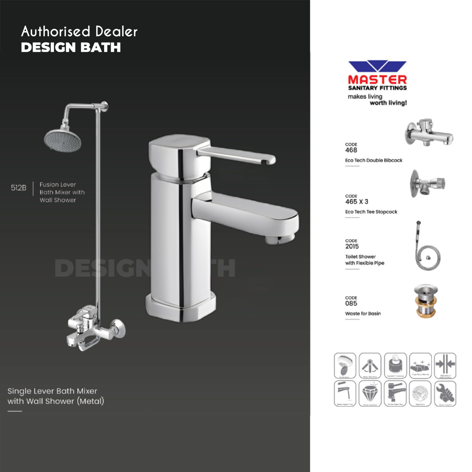 Master Fusion Lever Bath Mixer with Wall Shower Set - Design Bath