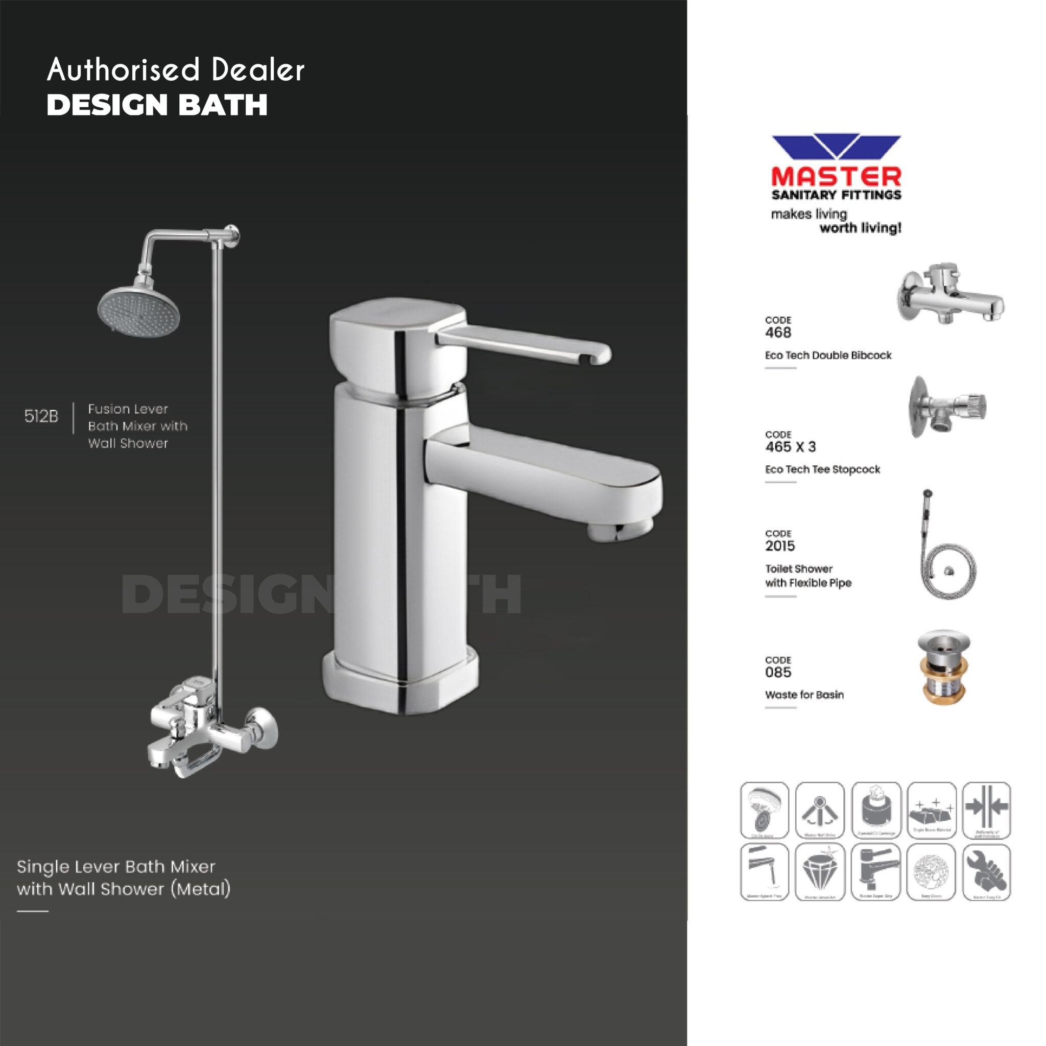 Master Fusion Lever Bath Mixer with Wall Shower Set - Design Bath